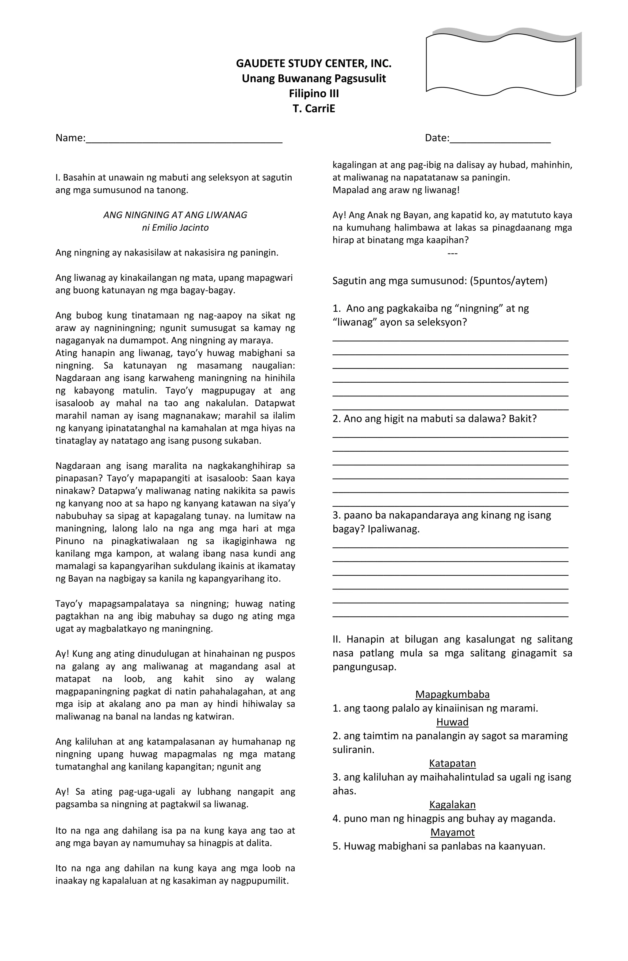 1st quarter exam Filipino III | DOCX