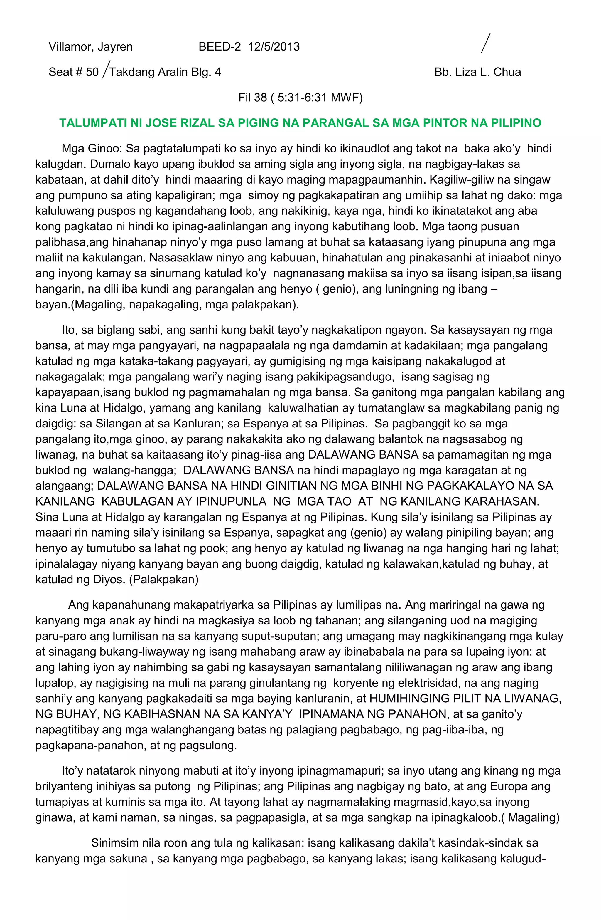 Talumpati ni rizal sa piging na parangal sa Mga pintor na pilipino | DOCX