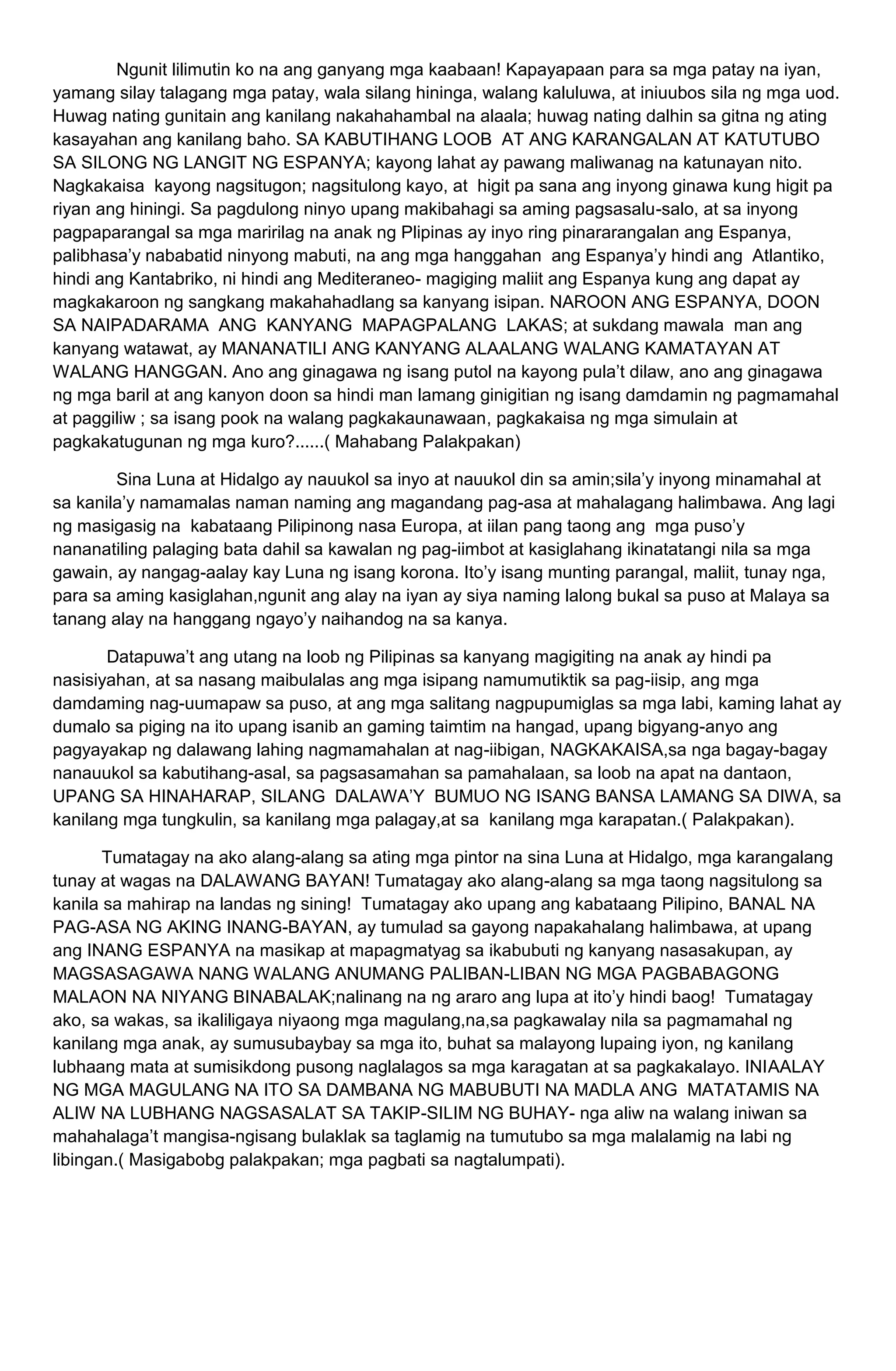 Talumpati ni rizal sa piging na parangal sa Mga pintor na pilipino | DOCX