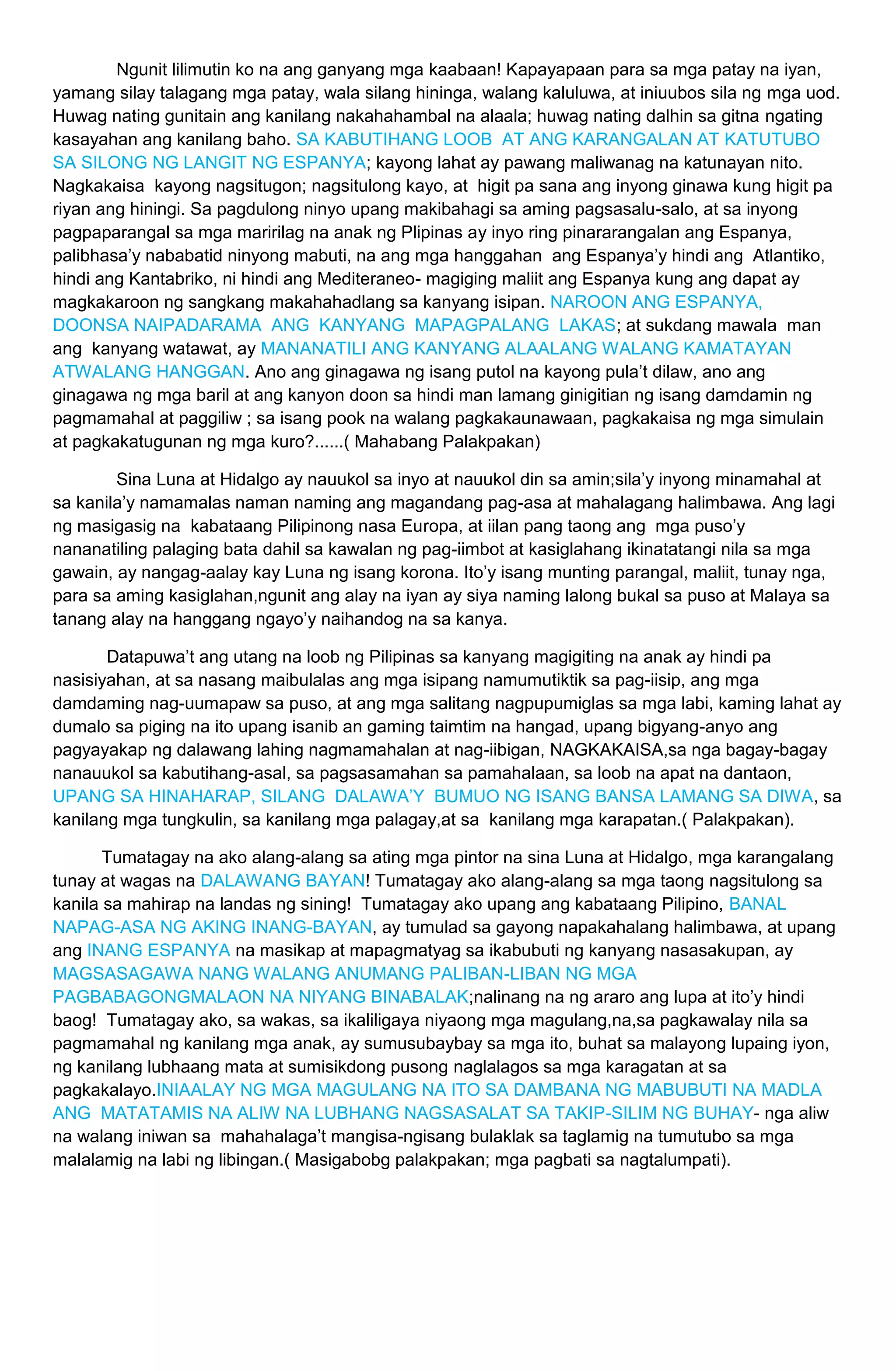 Talumpati ni rizal sa piging na parangal sa Mga pintor na pilipino | DOCX