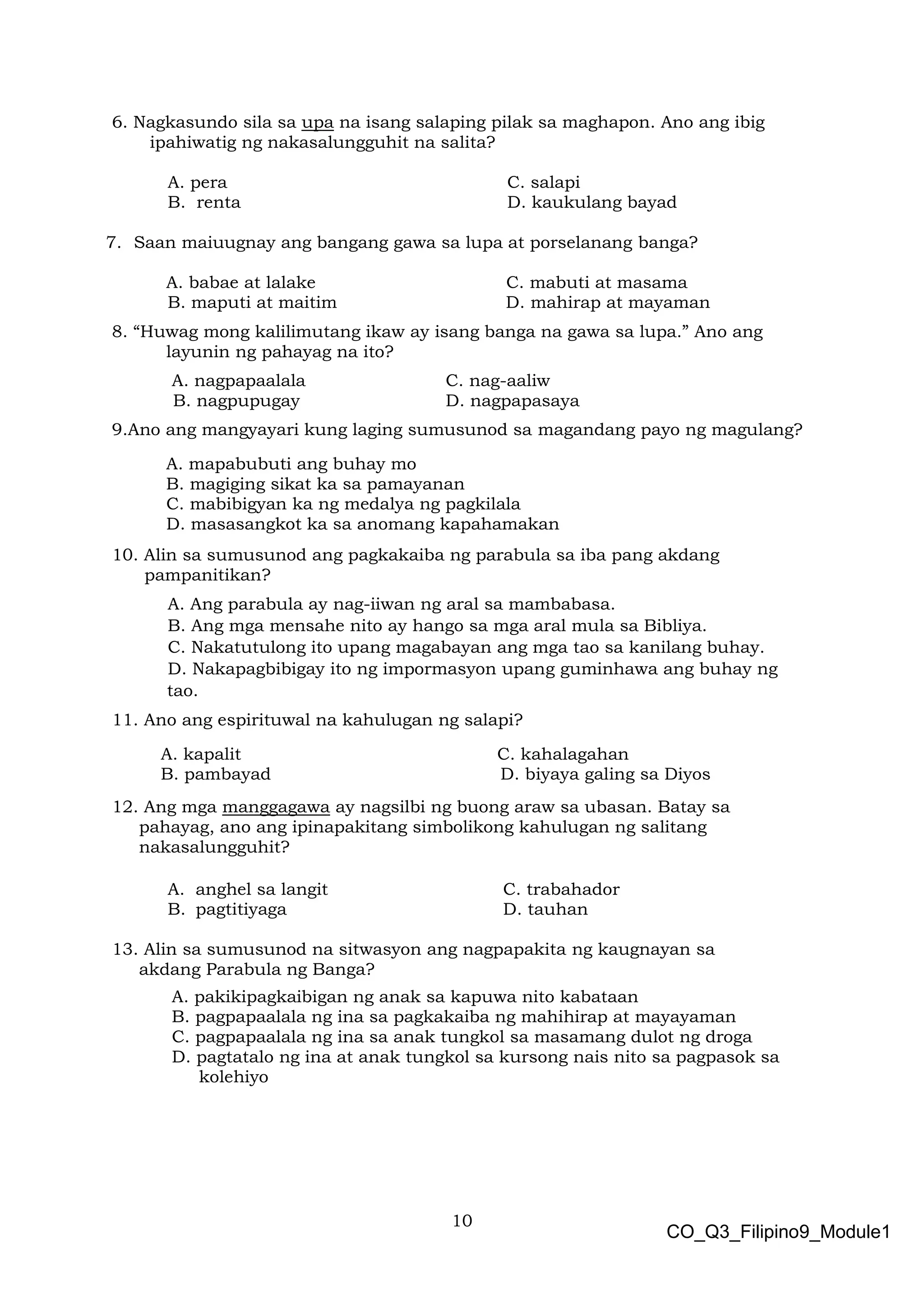FILIPINO 9 IKATLONG MARKAHAN - UNANG MODYUL | PDF