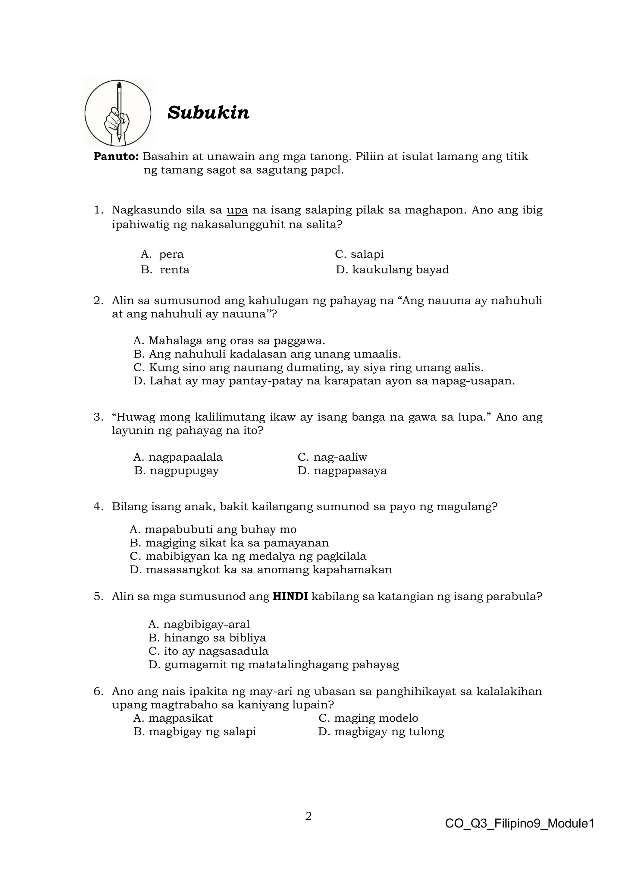 FILIPINO 9 IKATLONG MARKAHAN - UNANG MODYUL | PDF