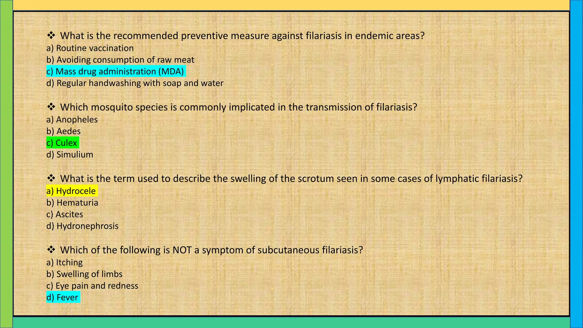 FILARIASIS (TRANSMISSION,TYPES,SYMPTOMS,PREVENTION,MCQS).pptx