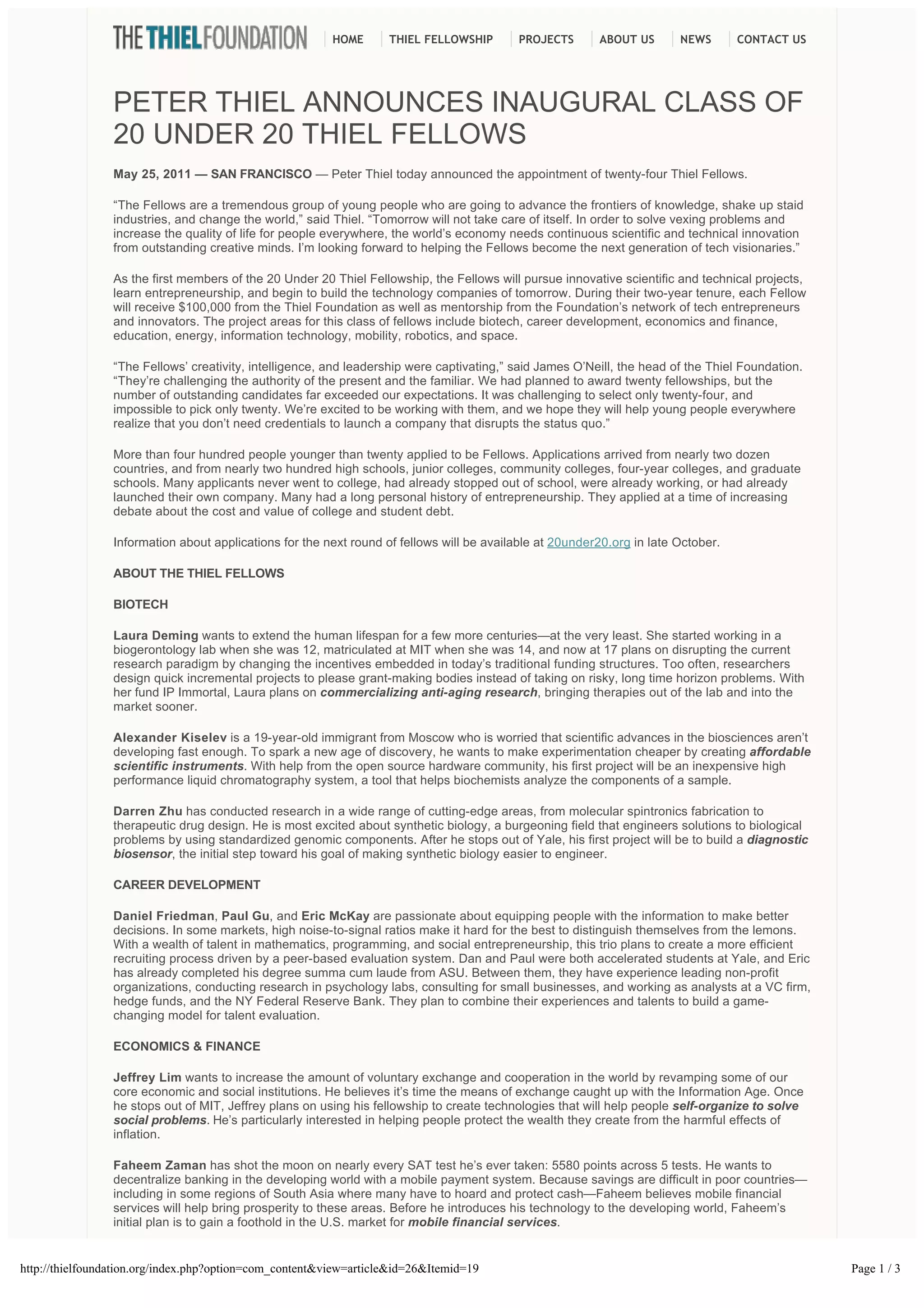 The Thiel Foundation 20 Under 20 Fellows | PDF