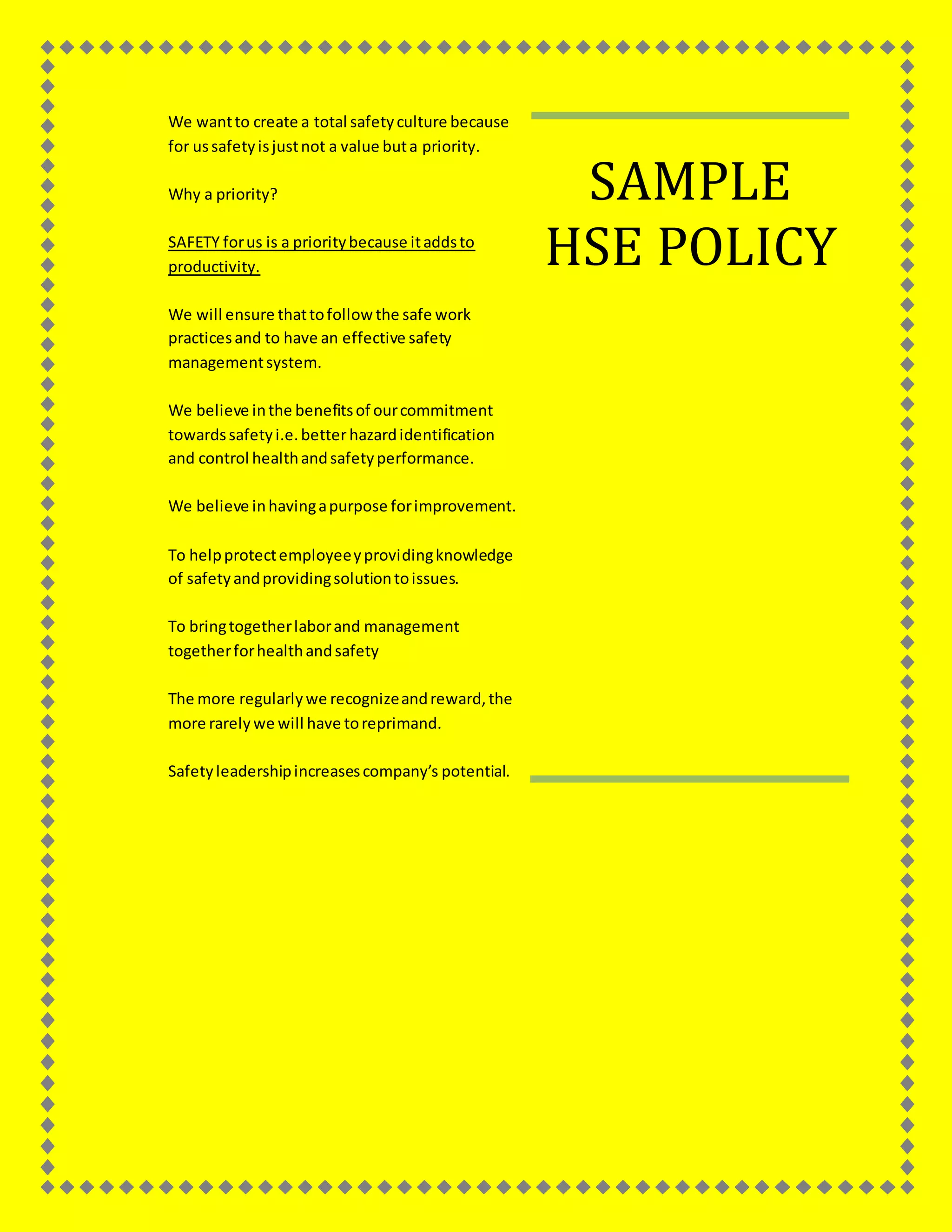 SAMPLE HEALTH SAFETY ENVIRONMENT POLICY | DOCX