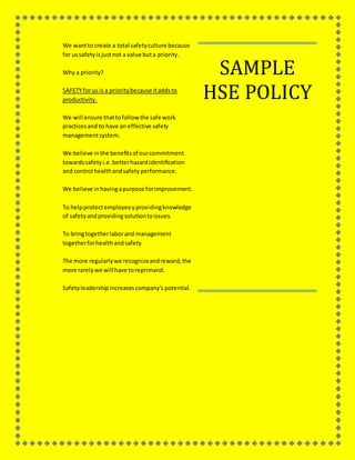 SAMPLE HEALTH SAFETY ENVIRONMENT POLICY | DOCX