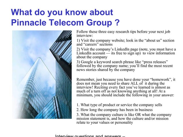 Pinnacle Telecom Group interview questions and answers | PPT