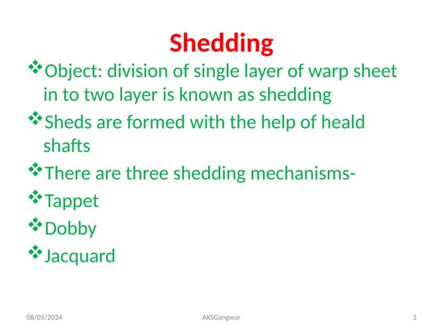 presentation of weaving procedure of sheeding picking and beat up | PPT