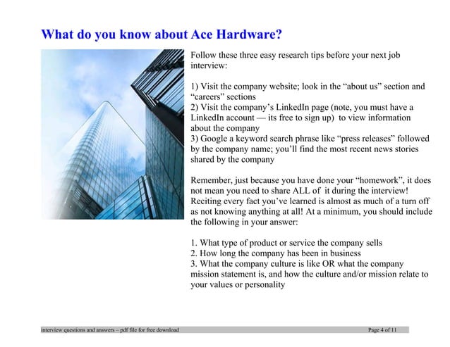 Ace Hardware interview questions and answers | PPT
