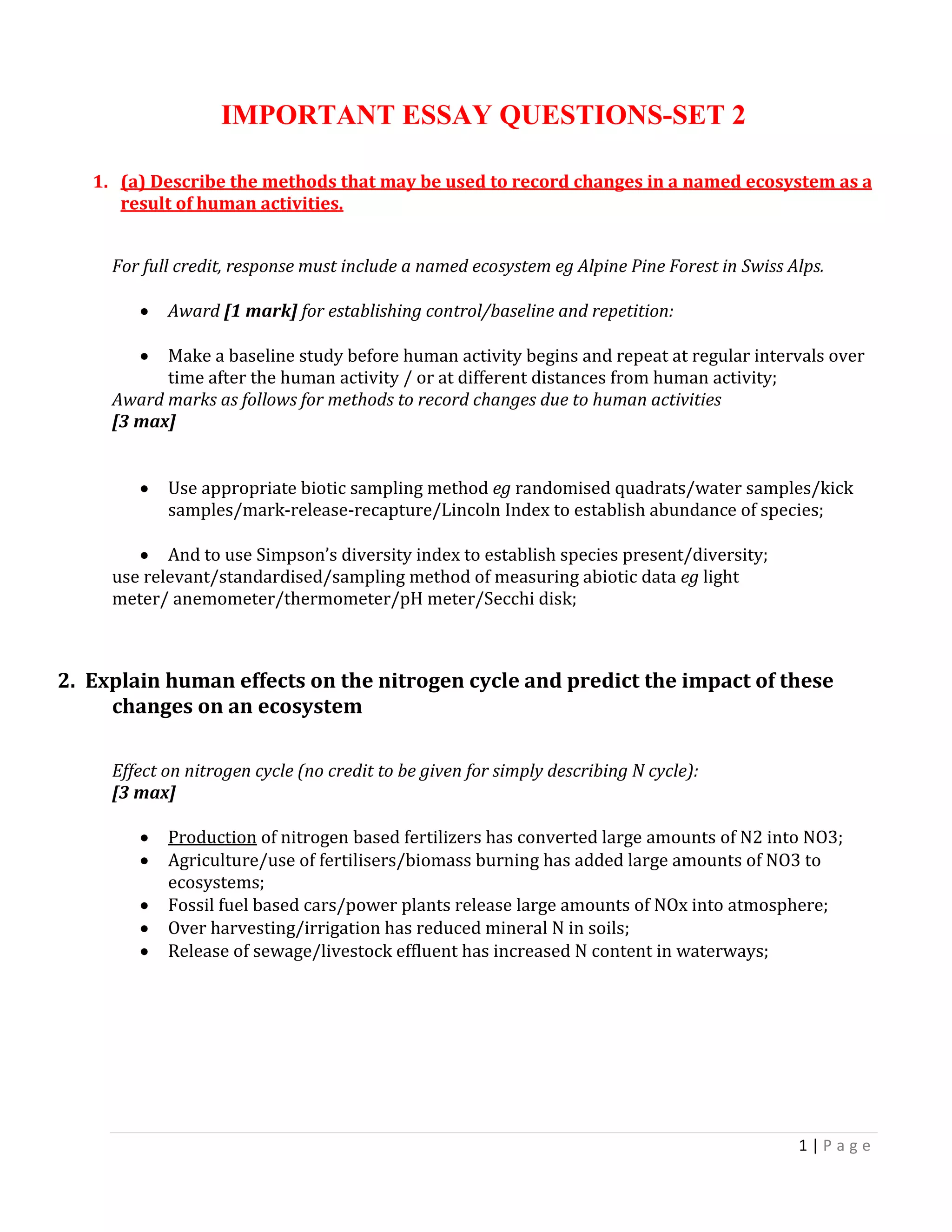 Important IB ESS Essay Questions | PDF
