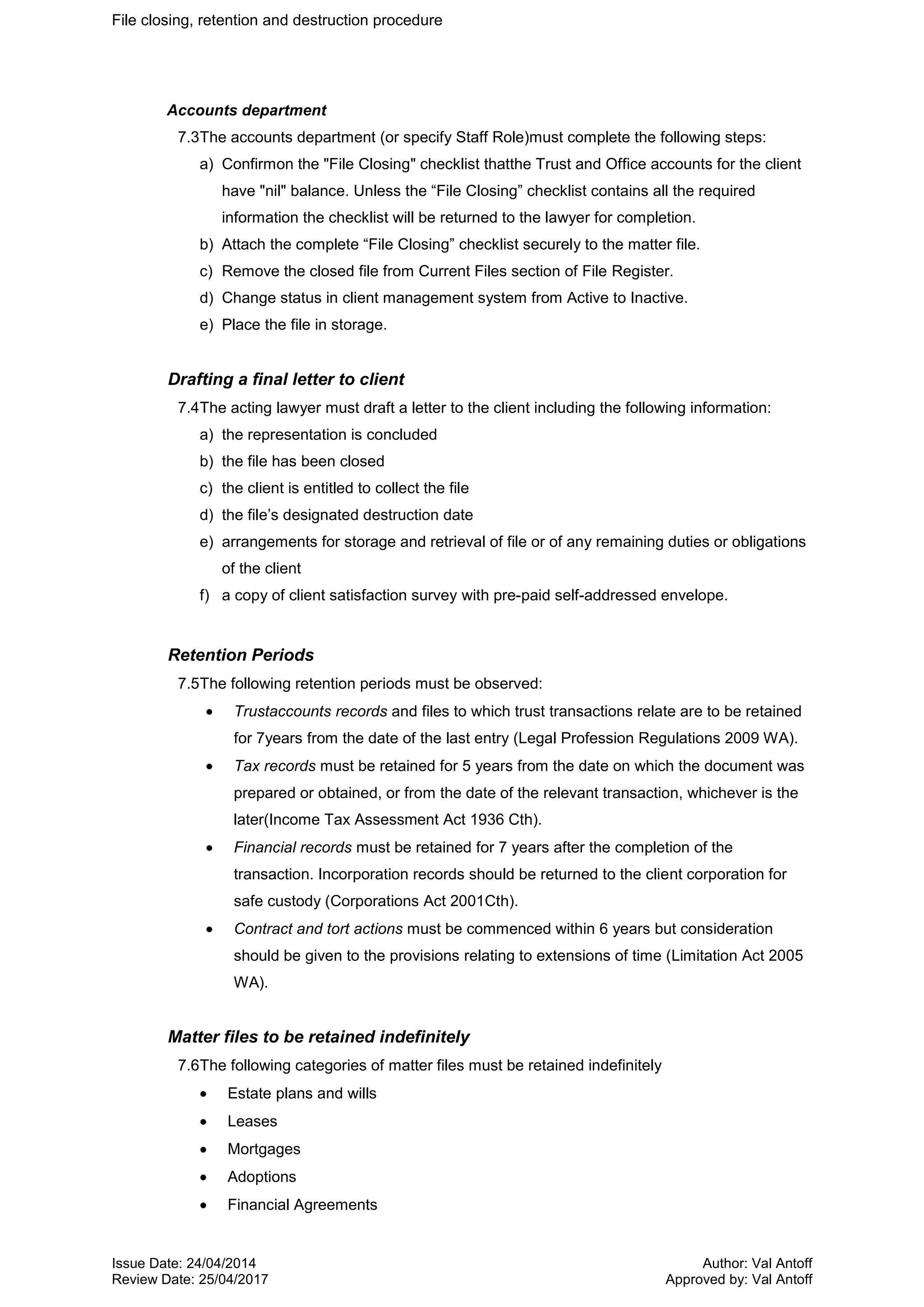 File closing, retention and destruction procedure for law firms | DOCX