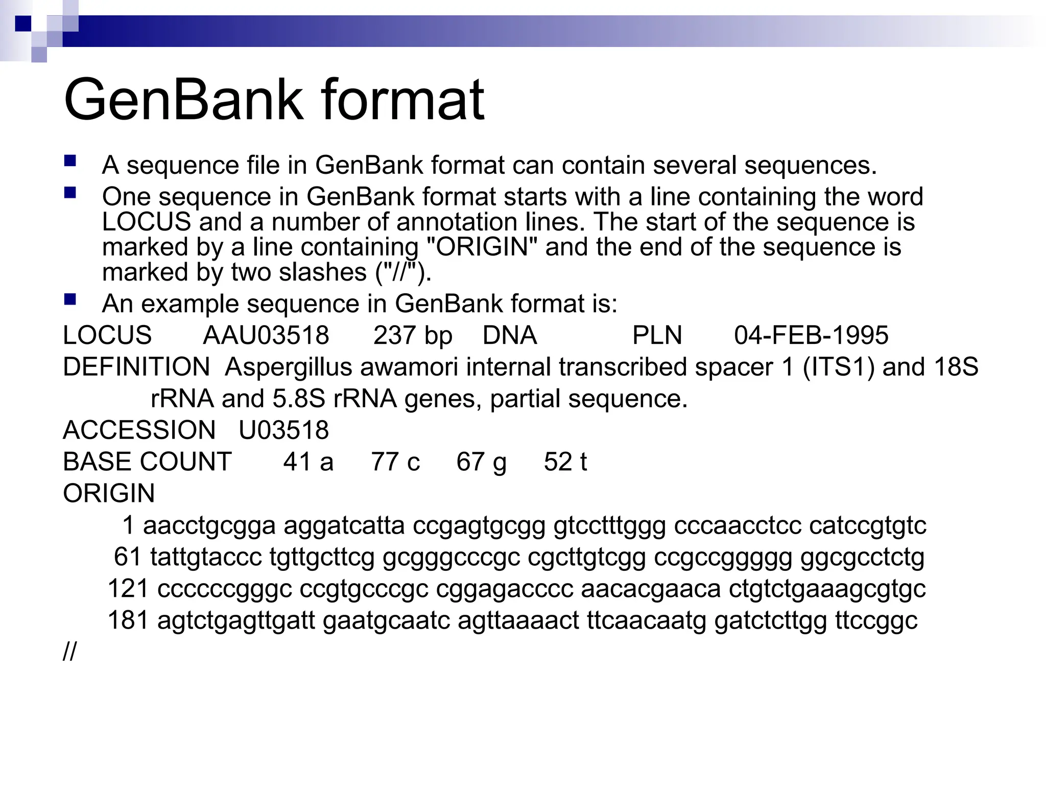 Nucleotides Sequence file formats for Bioinformatics | PPT