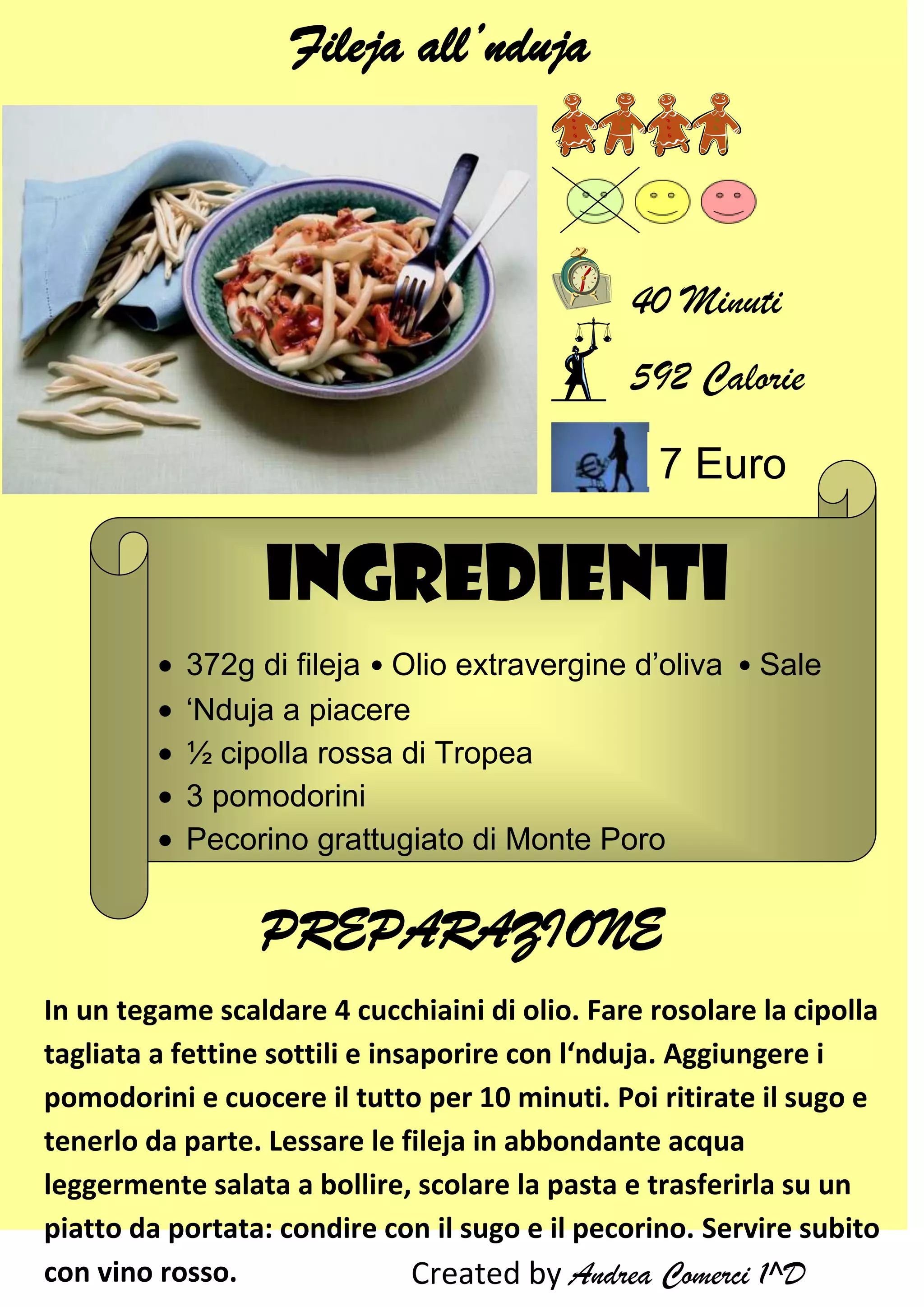 Ricetta "Fileja all'Nduja" | DOCX | Cooking | Food & Drink