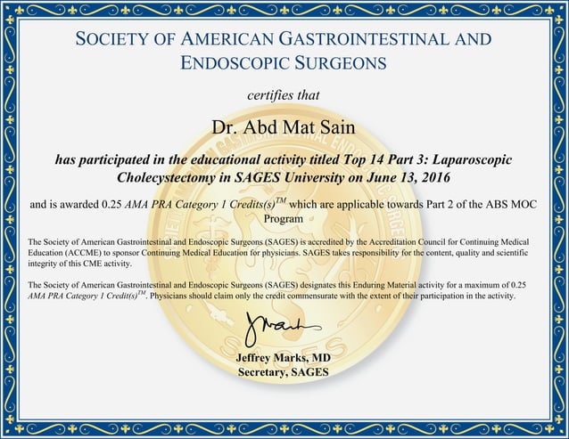 Laparoscopic Cholecystectomy CME Certificate