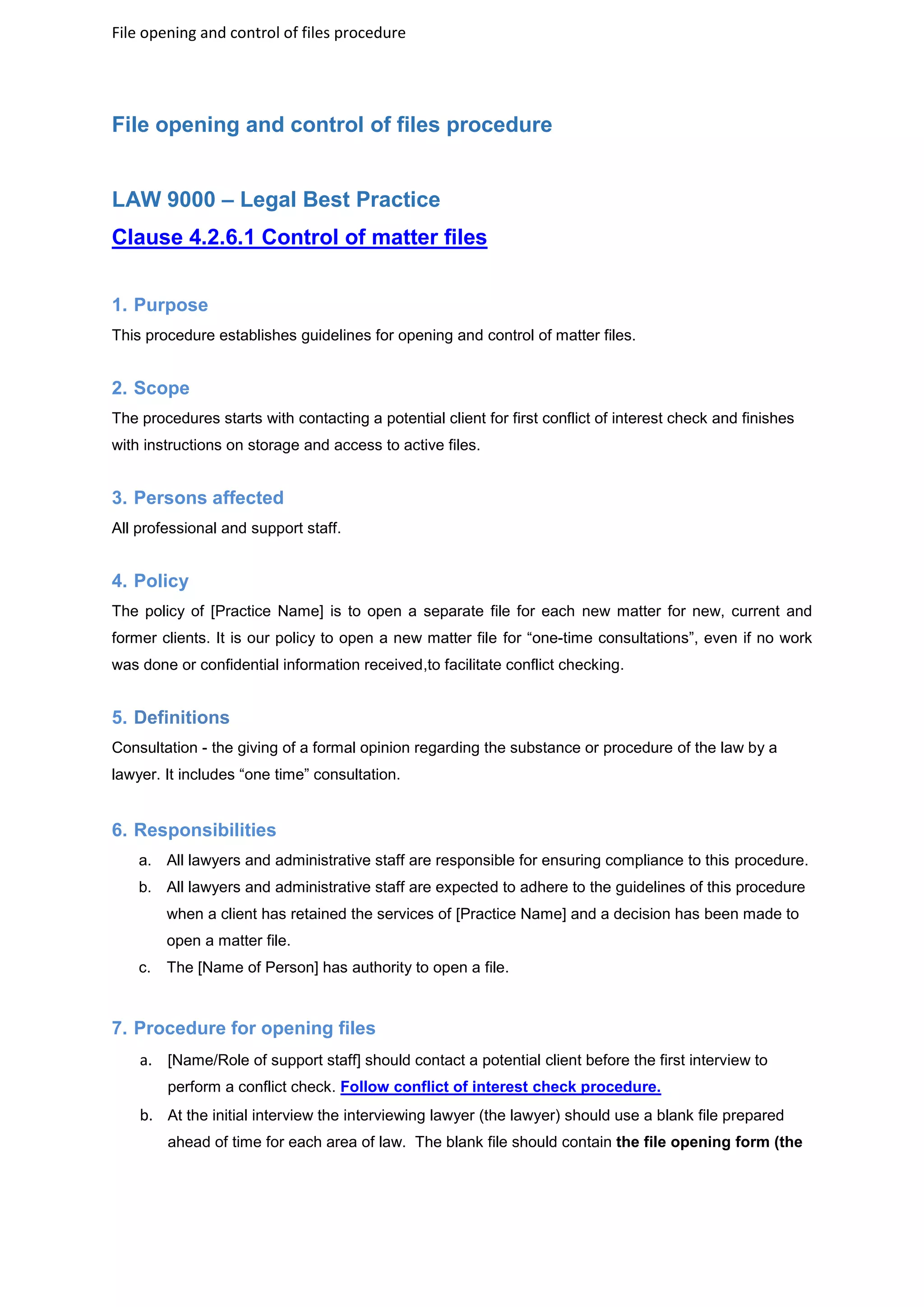 File opening and control of files procedure | DOCX