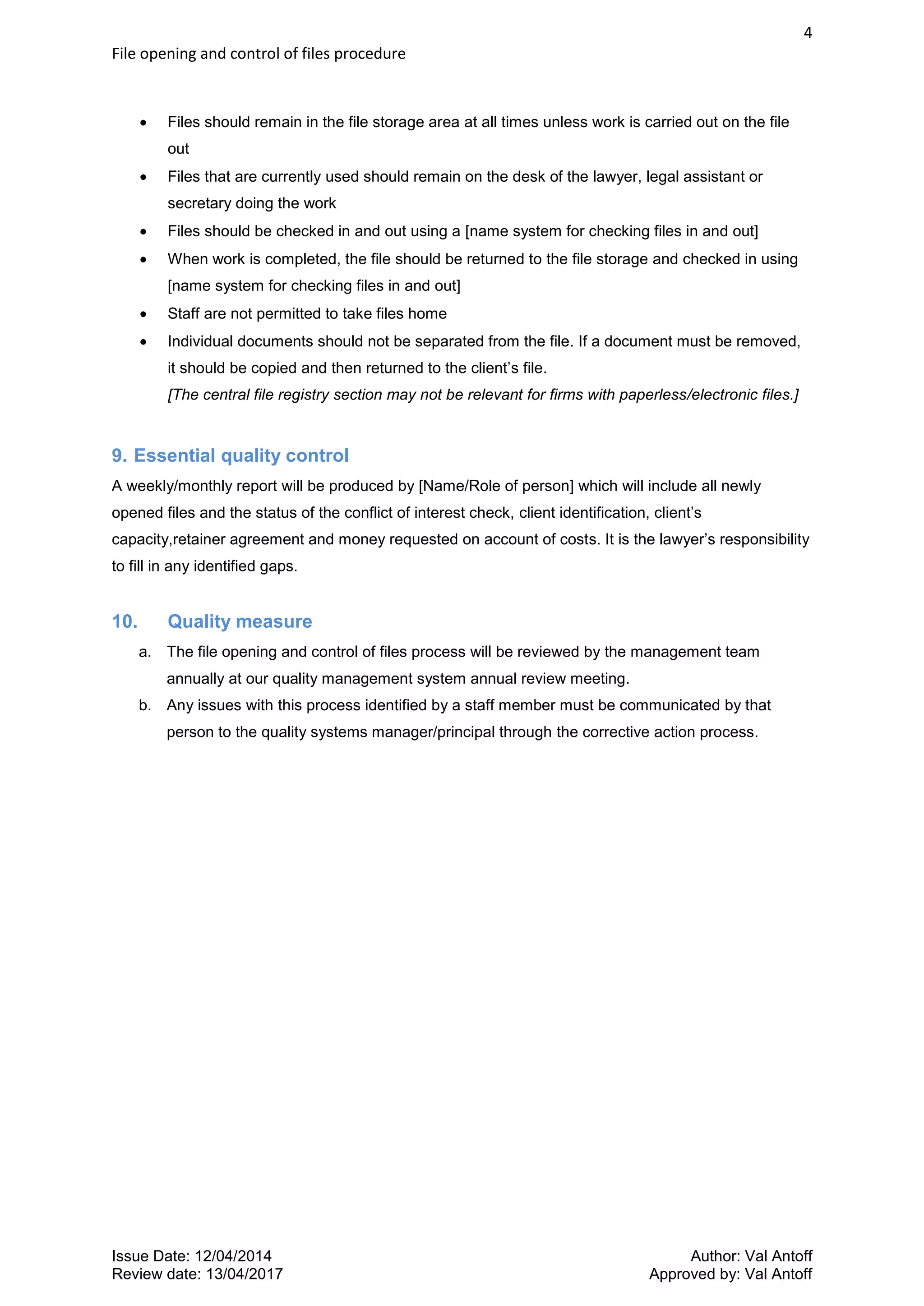 File opening and control of files procedure | DOCX