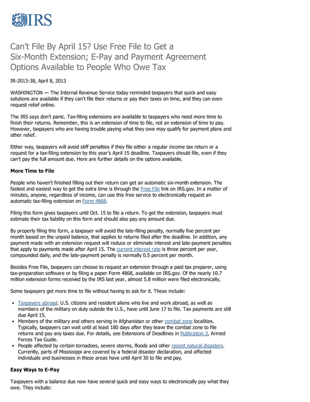 Filing for an extension IRS Source doc from 4-8-2013