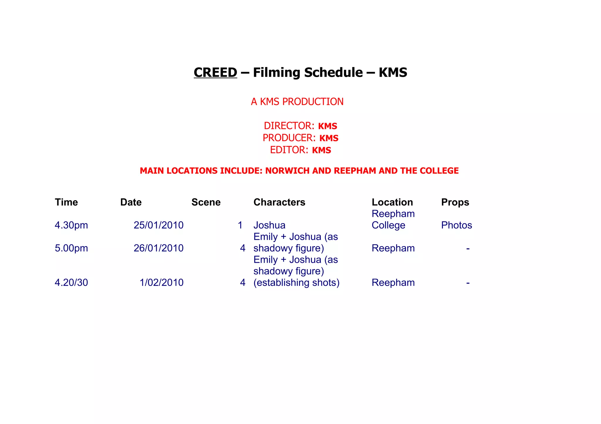 Filming schedule | DOC