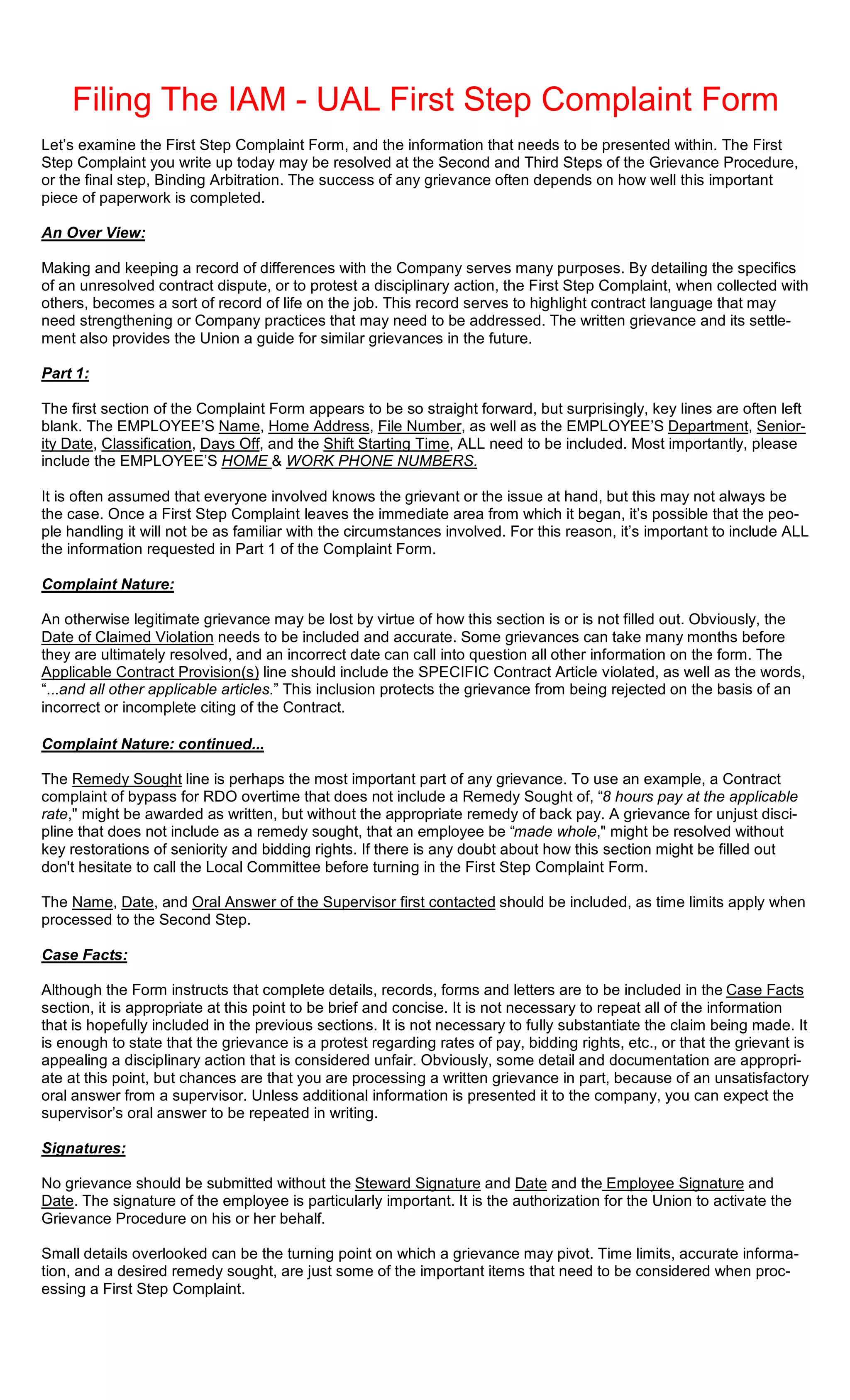 Filing the IAM & UAL First Step Complaint Form | PDF