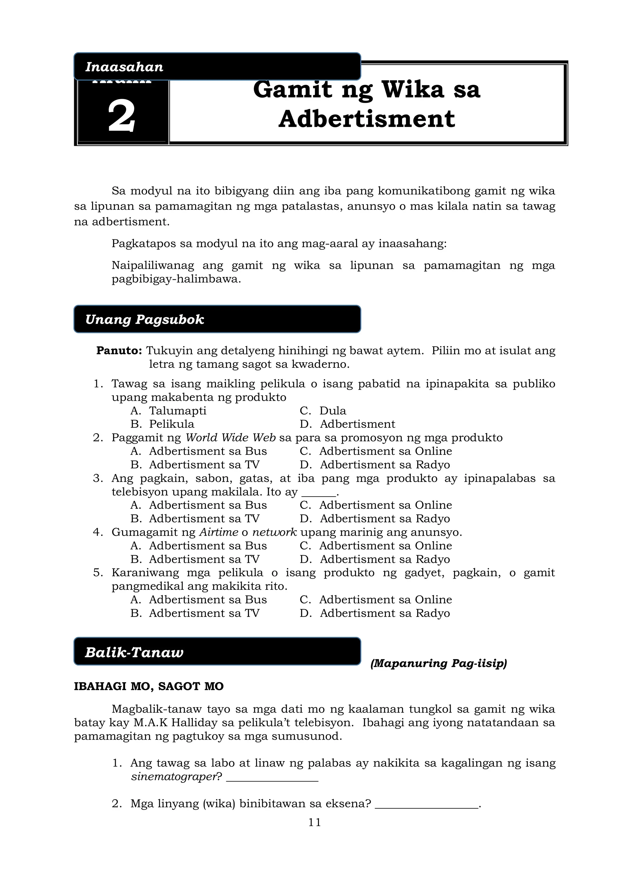 FILIPINO-11_Q1_Mod4. Gas Strand Reviewer | PDF