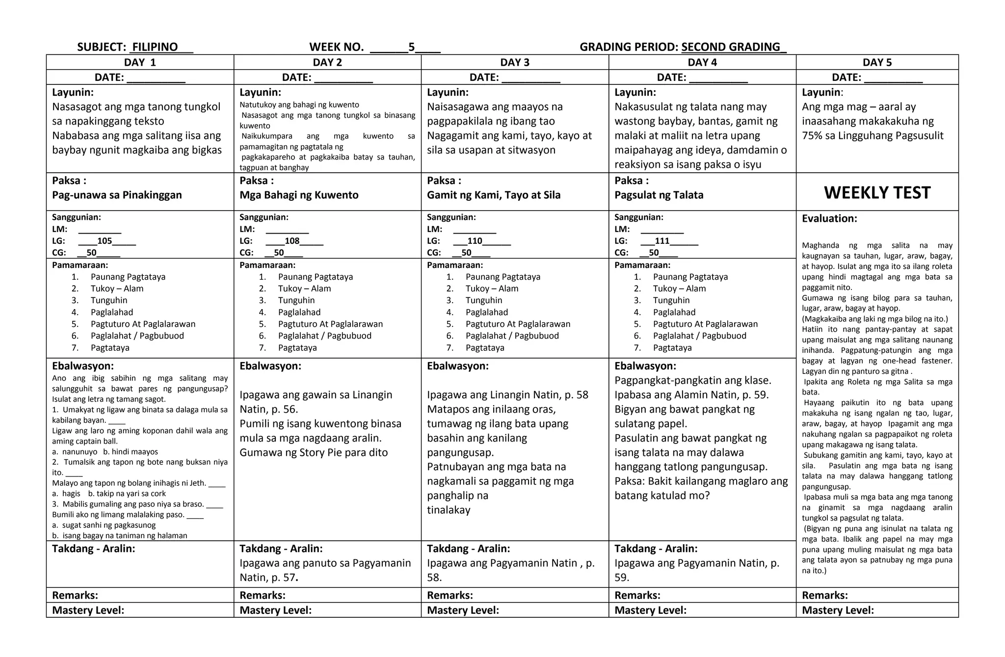 DLL in Grade 3 Filipino | PDF