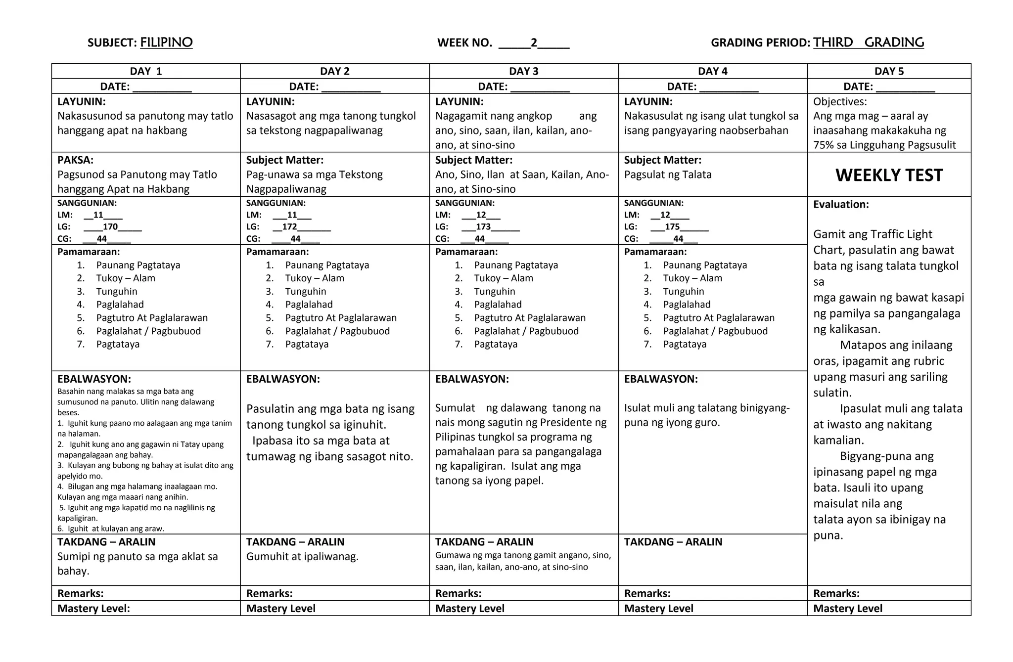 DLL in Grade 3 Filipino | PDF