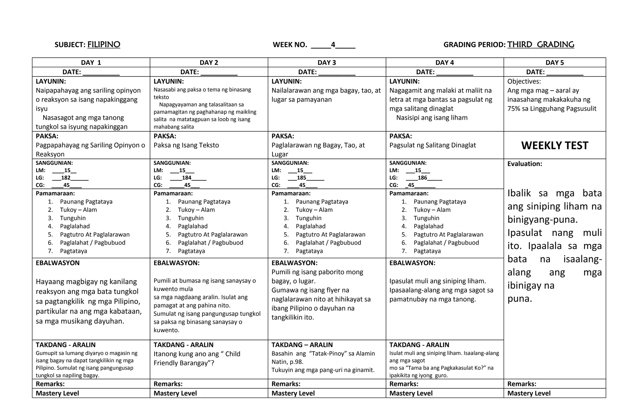 DLL in Grade 3 Filipino | PDF