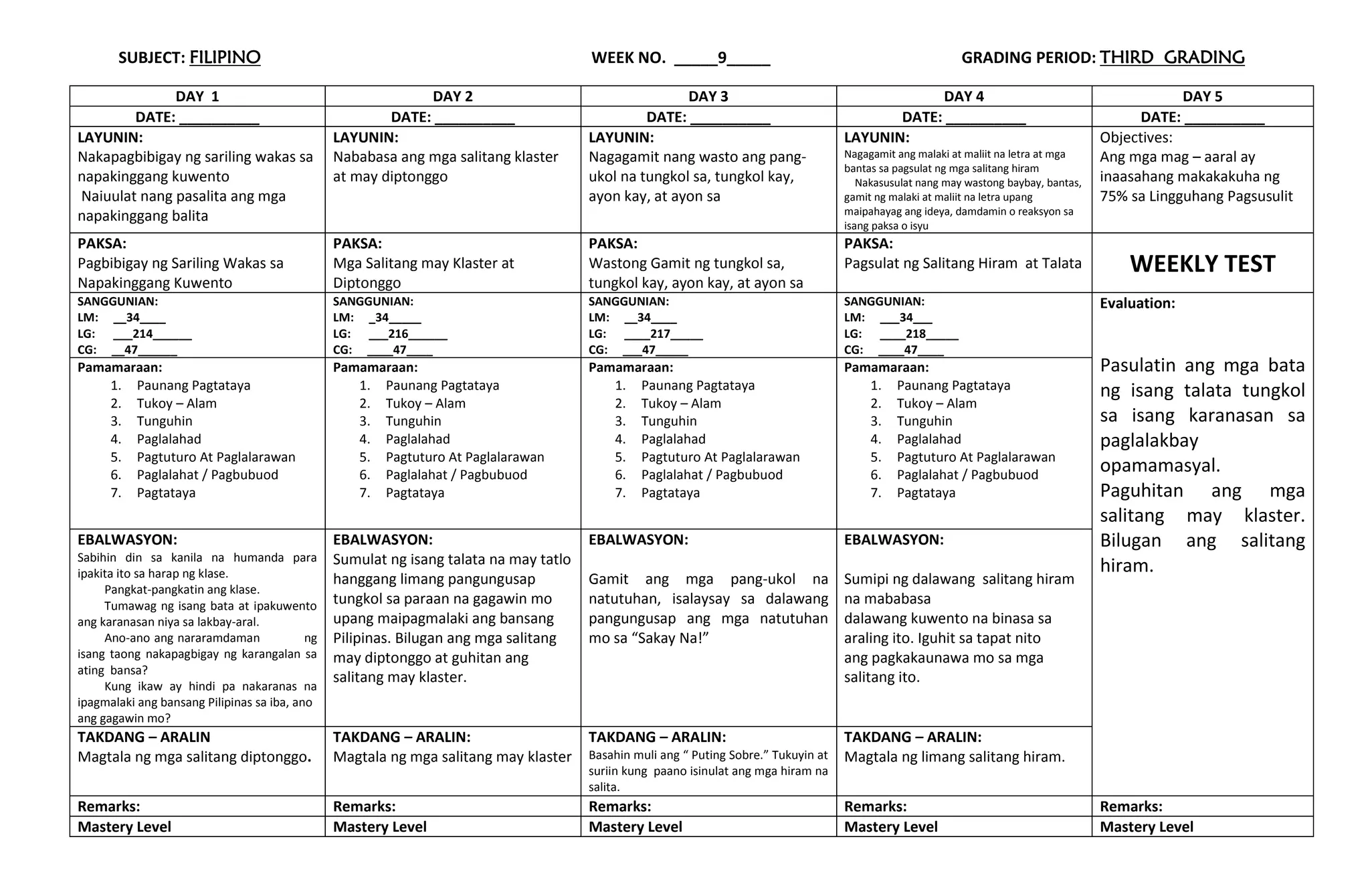 DLL in Grade 3 Filipino | PDF