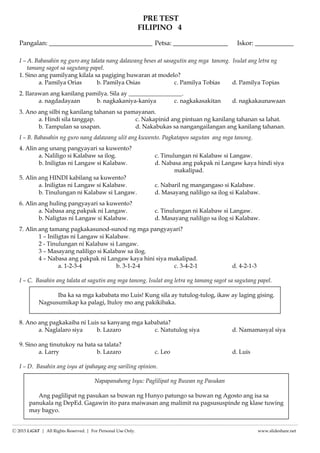 K TO 12 GRADE 4 DIAGNOSTIC / PRE TEST IN FILIPINO | PDF