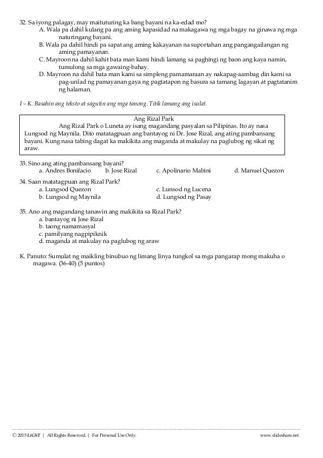 K TO 12 GRADE 4 DIAGNOSTIC / PRE TEST IN FILIPINO