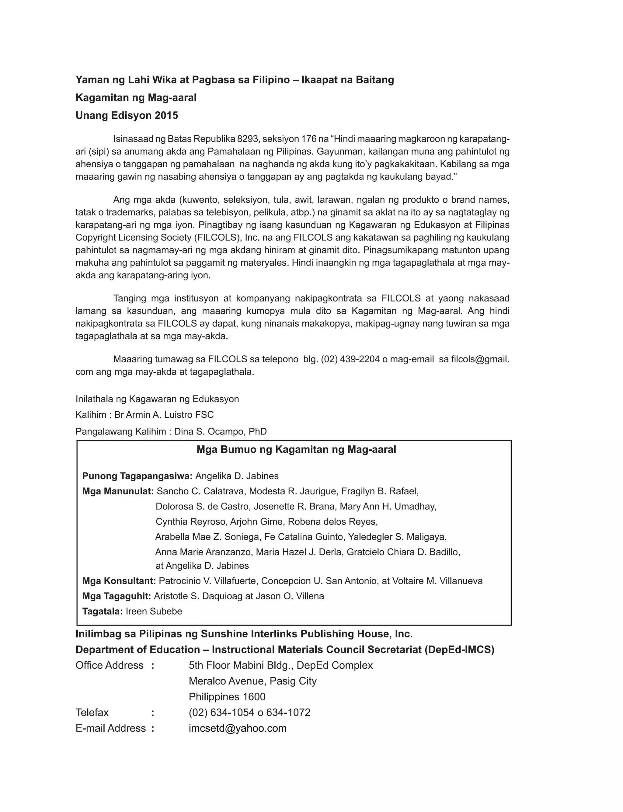 K TO 12 GRADE 4 LEARNER’S MATERIAL IN FILIPINO (Q1-Q4) | PDF