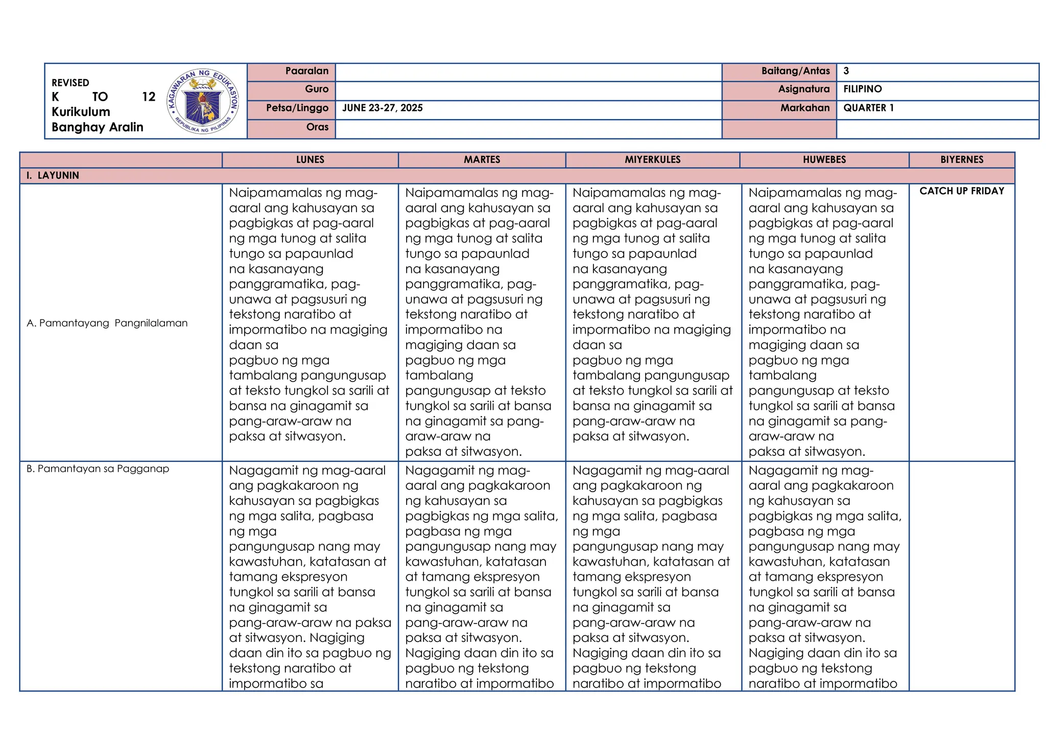 FILIPINO- Aralin: Mga Bahagi ng Pangungusap: Simuno at Panaguri | DOCX