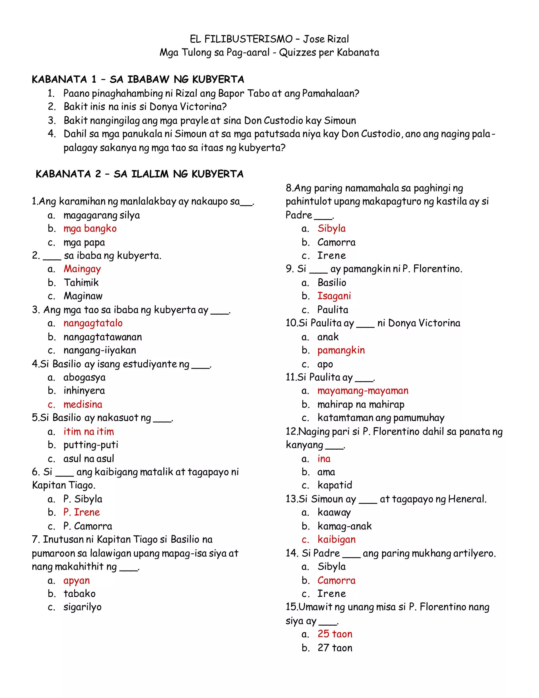 Filipino el filibusterismo quiz | DOCX