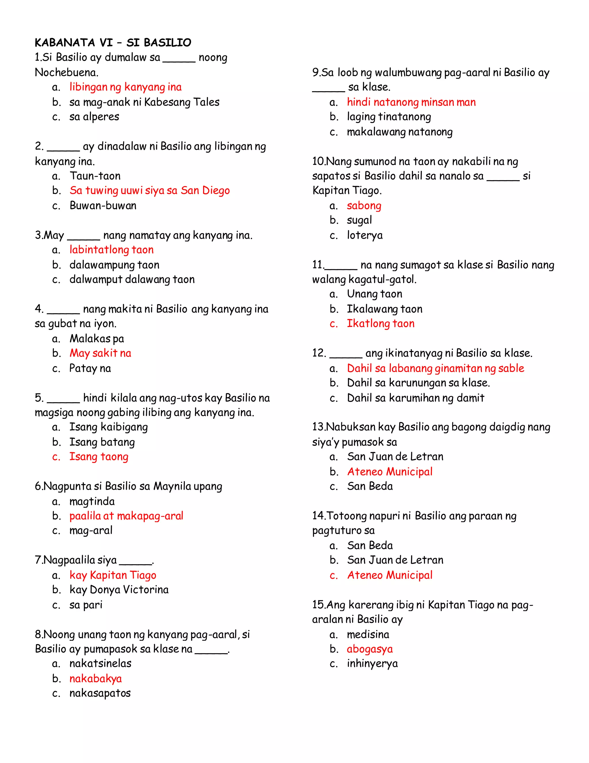 Filipino el filibusterismo quiz | DOCX