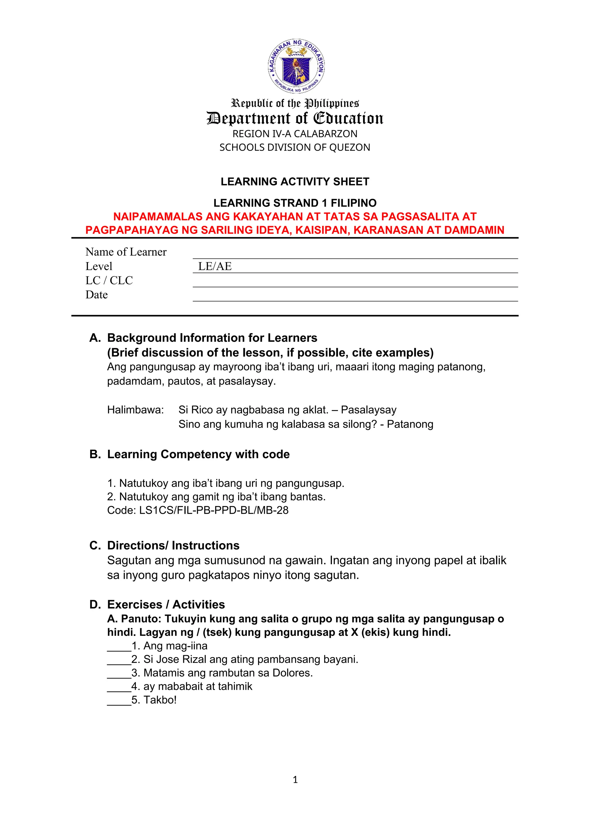 alternative learning system Learning strand 1Filipino-Lesson-1 ...