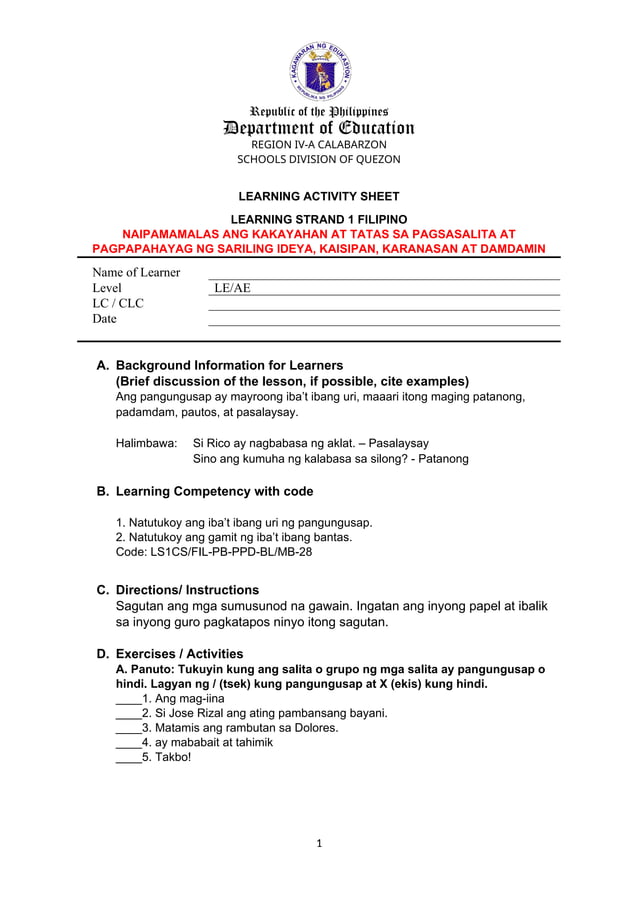 alternative learning system Learning strand 1Filipino-Lesson-1-Pangungusap.docx