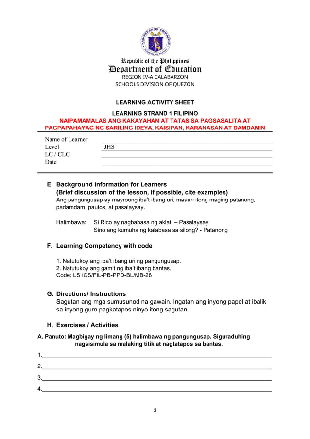 alternative learning system Learning strand 1Filipino-Lesson-1 ...