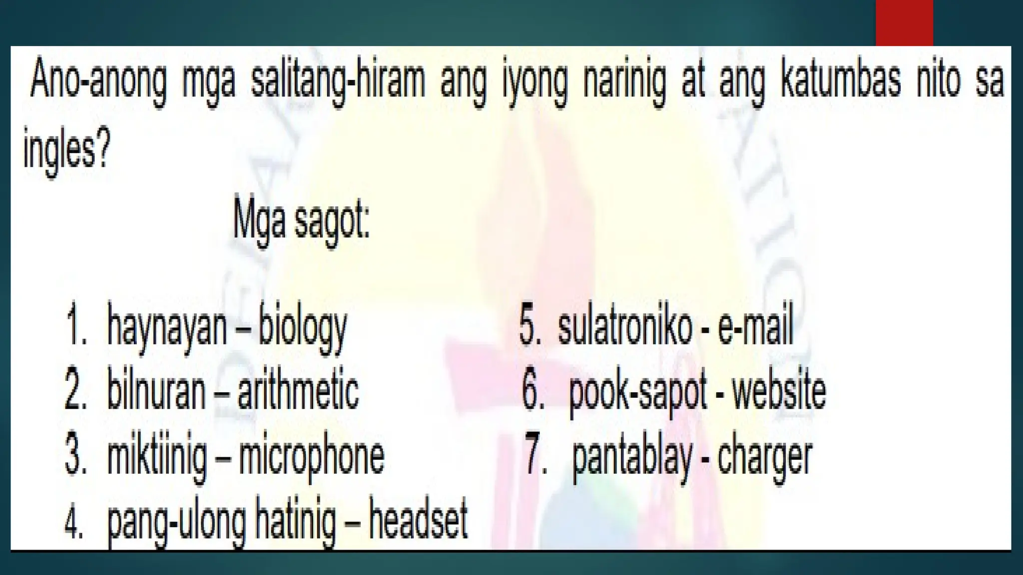 FILIPINO - Pagbabaybay ng Wasto sa mga Salitang Natutuhan sa.pptx