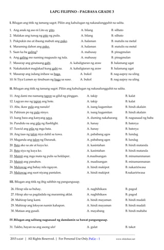 K to 12 Grade 3 LAPG FILIPINO PAGBASA Reviewer | PDF