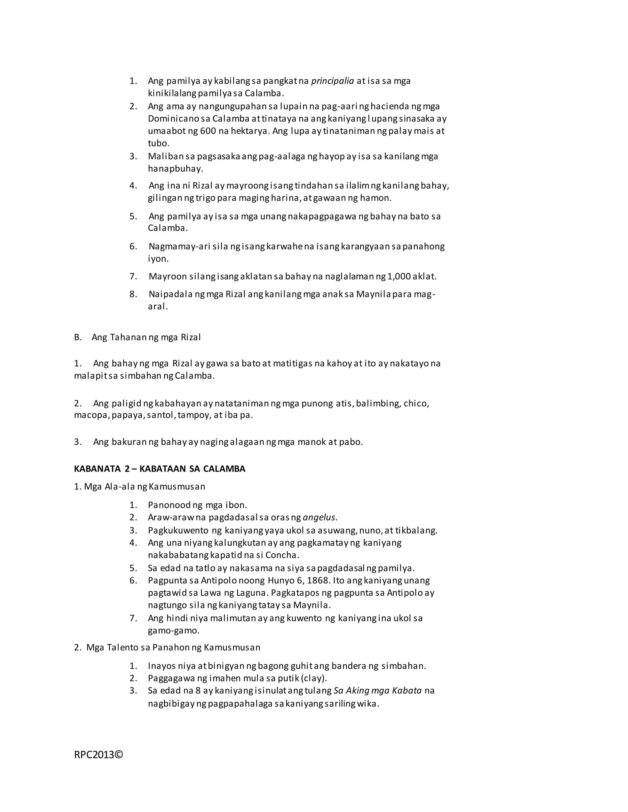 Filipino talahanayan ng buhay, ginawa, at mga sinulat ni jose rizal | DOCX