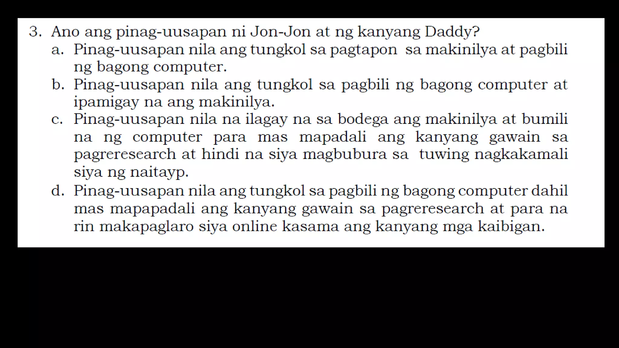 Filipino 5-Pagsagot sa mga Tanong sa Binasang Teksto.pptx