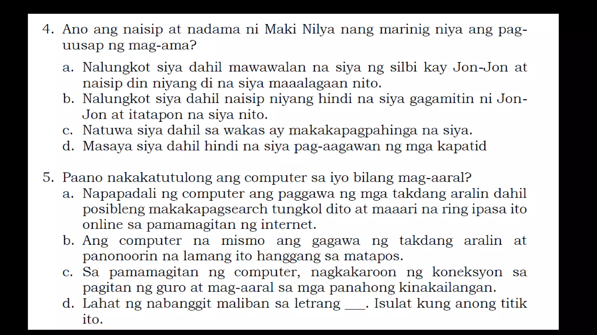 Filipino 5-Pagsagot sa mga Tanong sa Binasang Teksto.pptx