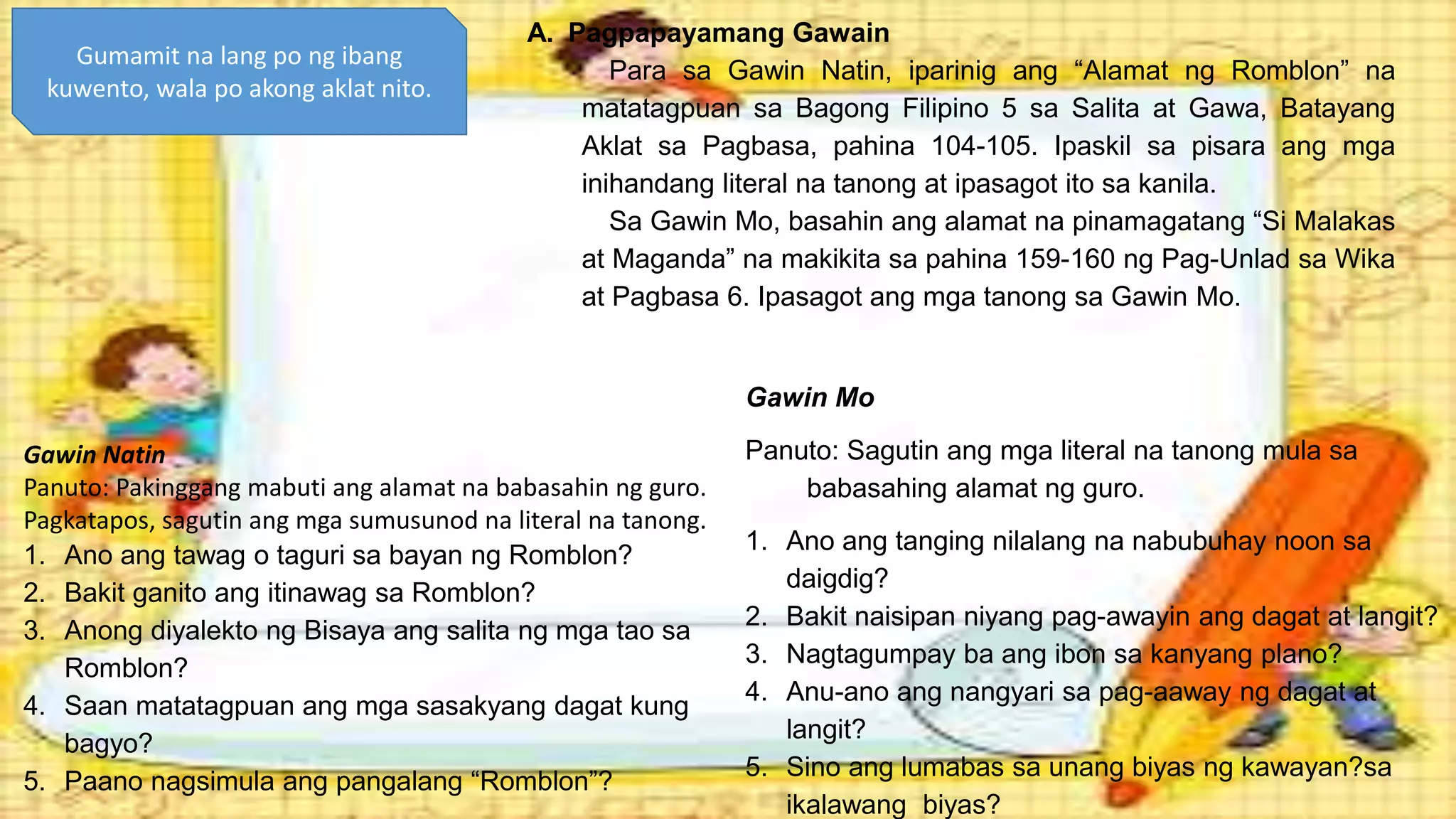 FILIPINO 5 PPT Q3 W3 Day 1-5 – Alamat, Paglalarawan ng Tauhan, Pang ...