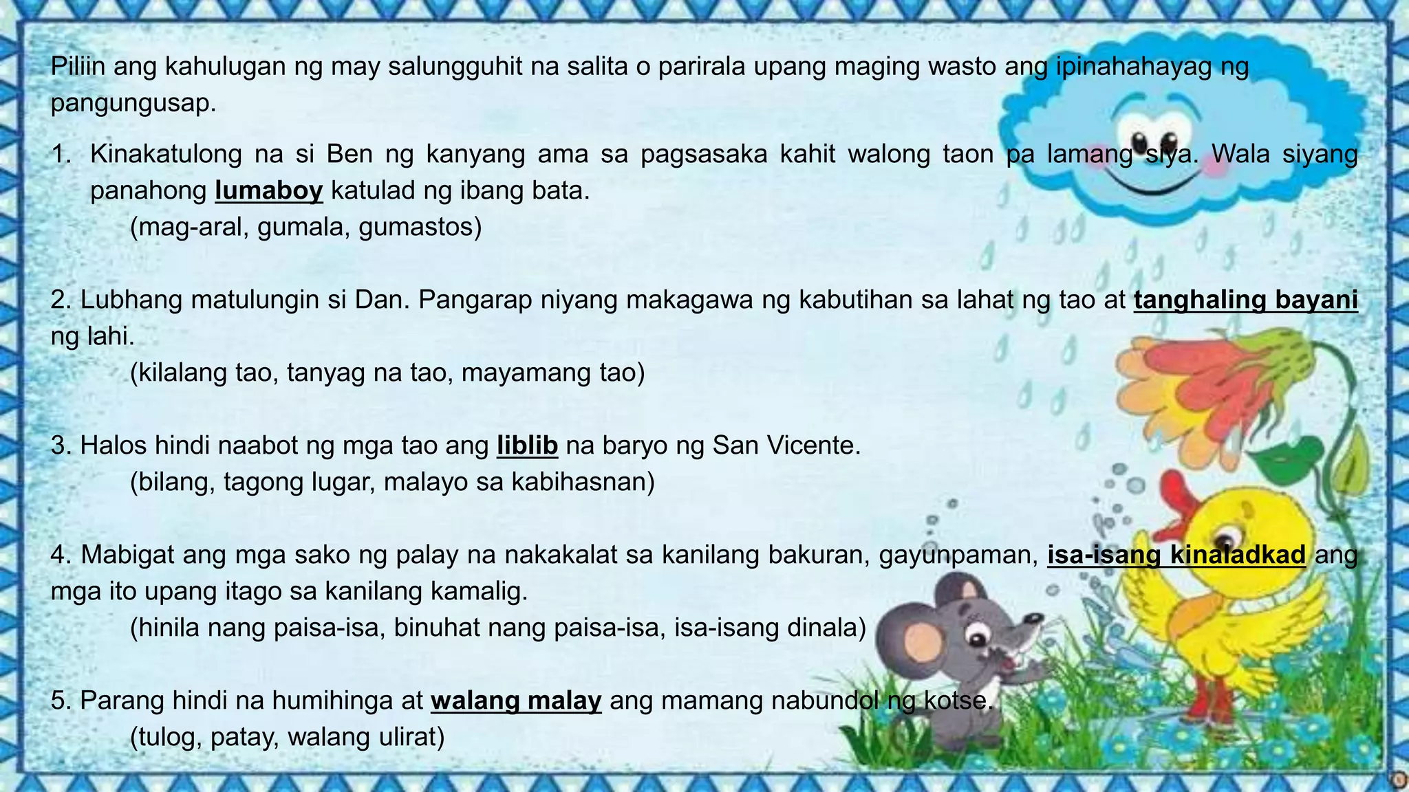 FILIPINO 5 PPT Q3 W3 Day 1-5 – Alamat, Paglalarawan ng Tauhan, Pang-abay, Salita.pptx