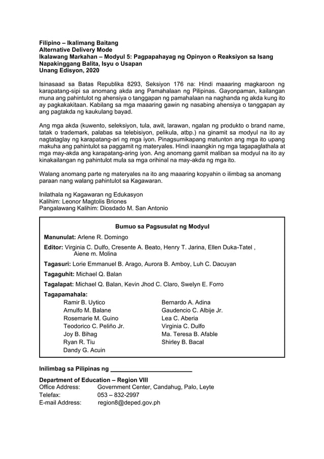 filipino5_q1_mod5_PagpapahayagNgSarilingOpinyonOReaksiyon_v2 (1).pdf | Free Download