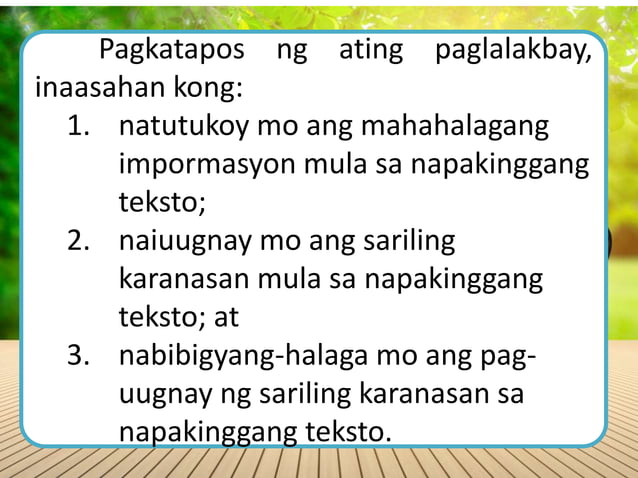 Filipino 5 Q1 Module 1 PAG-UUGNAY NG SARILING KARANASAN SA NAPAKINGGANG TEKSTO | PPTX