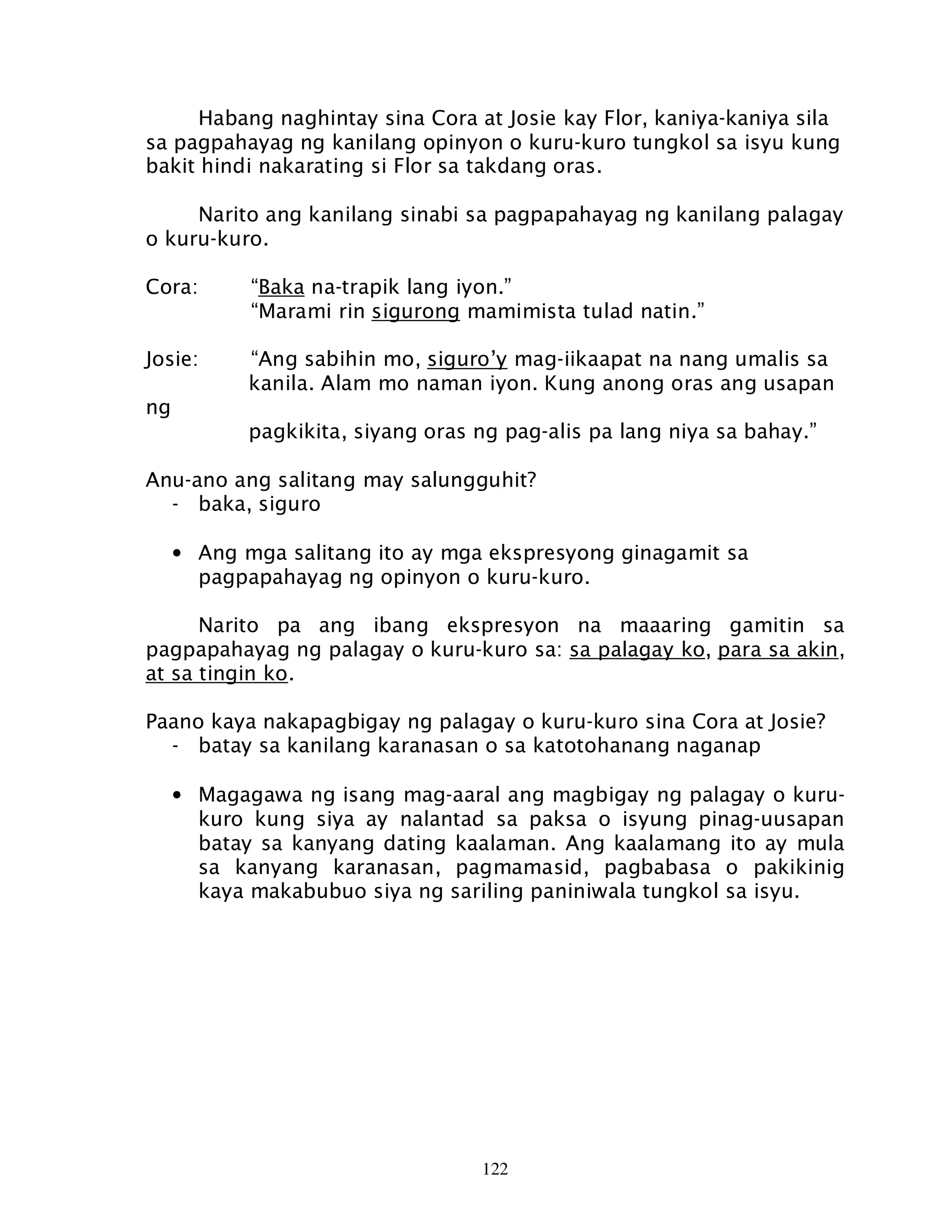 Filipino 6 dlp 11 pagsabi ng sarilig palagay o kuru-kuro | PDF