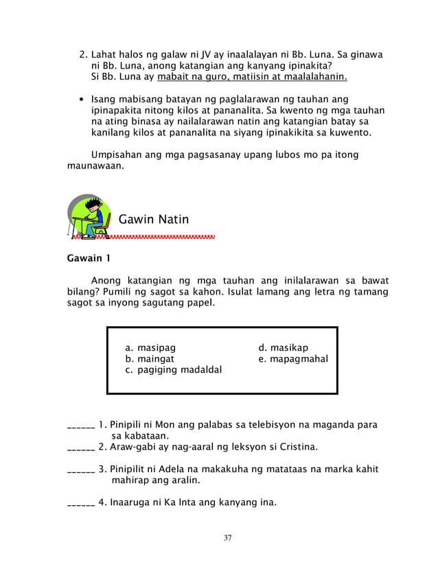 Filipino 6 dlp 21 mga katangian ng tauhan | PDF