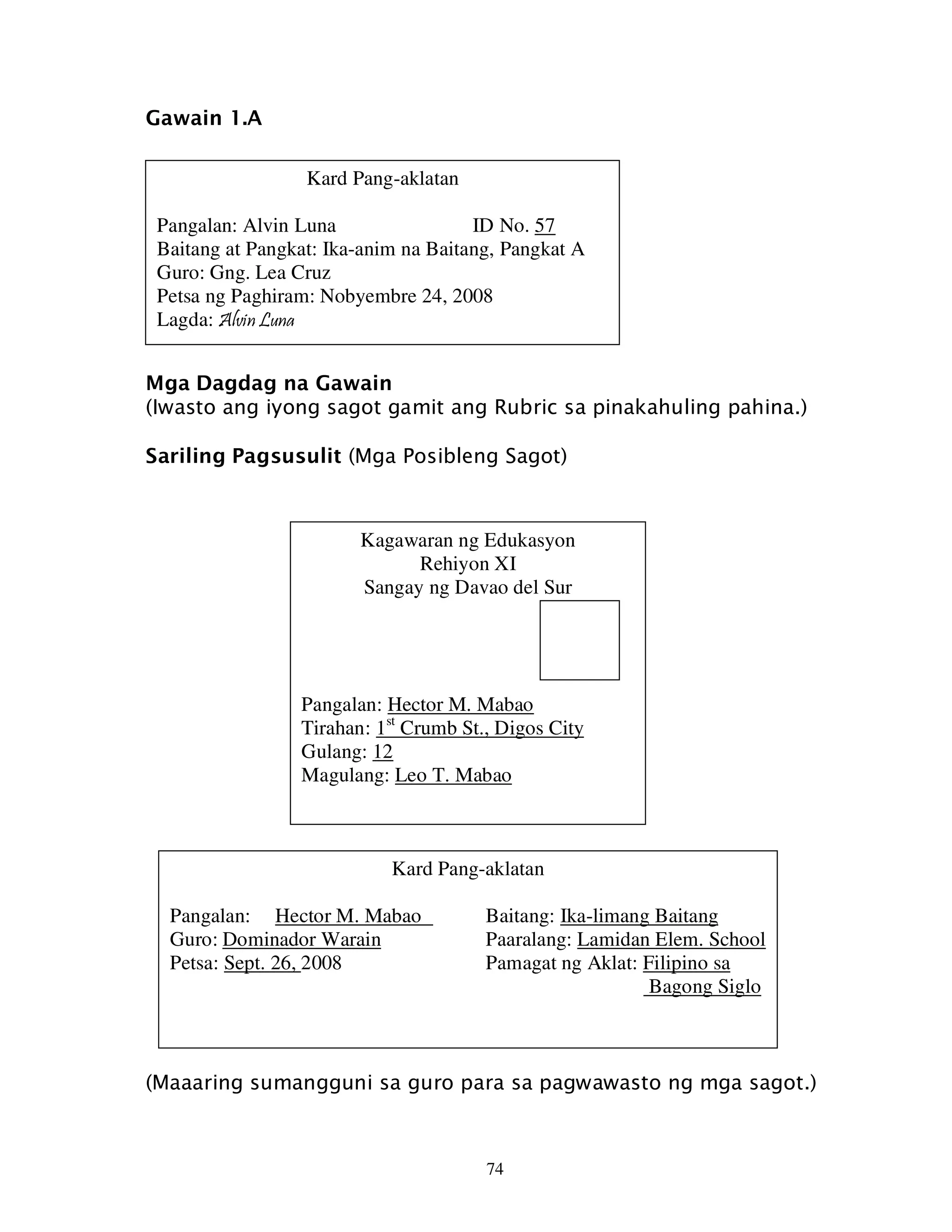 Filipino 6 dlp 6 Id at kard ng pang-aklatan sagutin | PDF