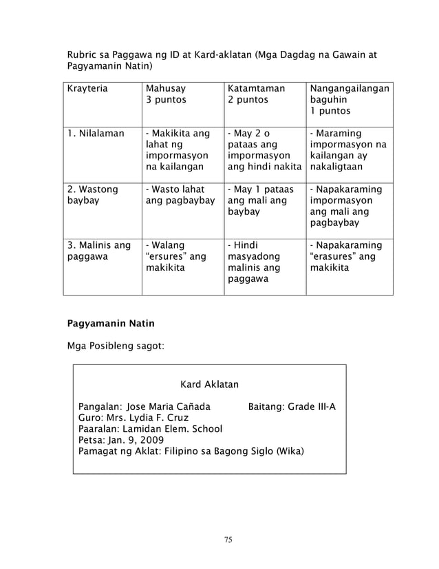 Filipino 6 dlp 6 Id at kard ng pang-aklatan sagutin | PDF